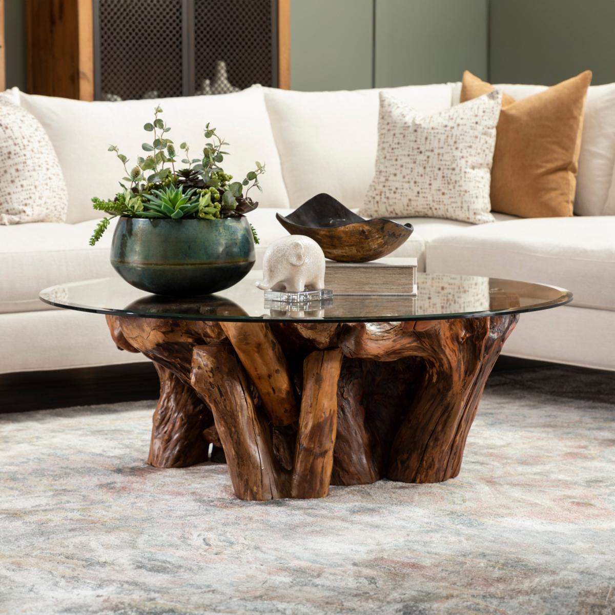 Tree root table with glass top store