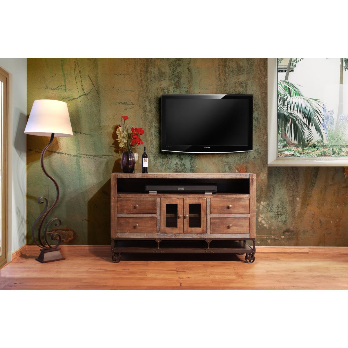 Cabinet Enclosed Storage Distressed TV Stand Brown